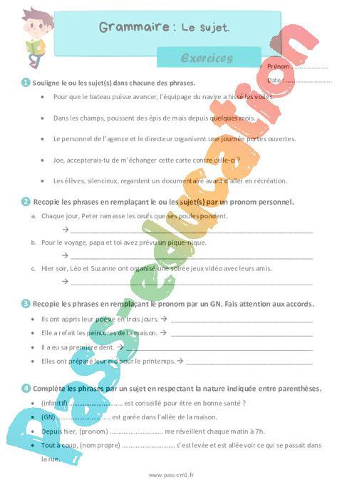 Le sujet – Exercices de grammaire pour le cm1 – PDF à imprimer par Pass ...