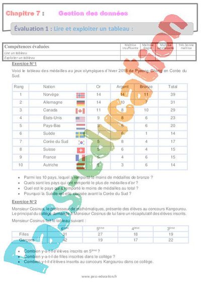 Lire et exploiter un tableau – 6ème – Evaluation, bilan, contrôle avec ...