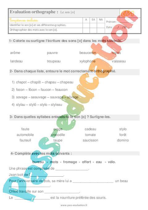 Le son [o] au Ce1 bilan avec le corrigé – Cycle 2 – PDF à imprimer par ...