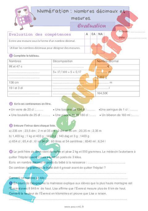 Nombres décimaux et mesures – Evaluation de numération pour le Cm1 ...