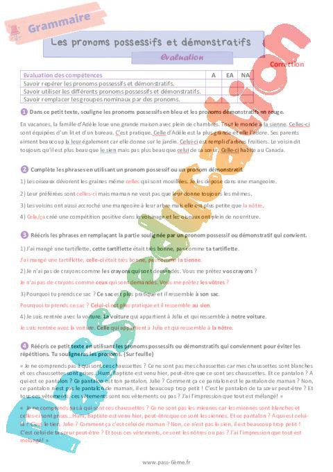 Les pronoms démonstratifs et possessifs – Evaluation de grammaire pour ...