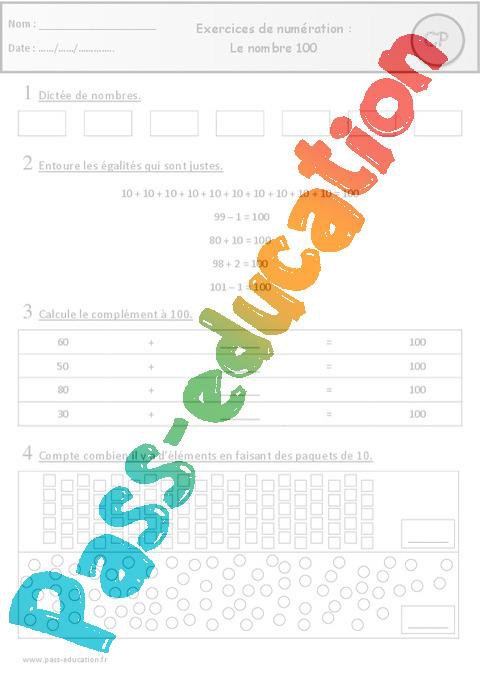 Exercices – Nombre 100 – Cp – Cycle 2 – PDF à imprimer par Pass ...