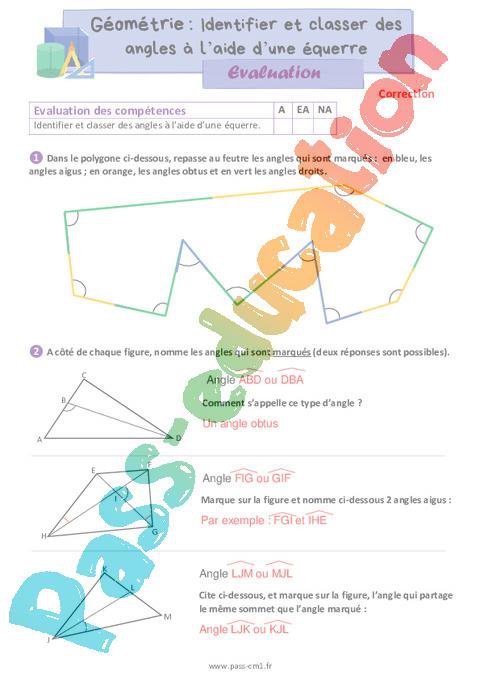 Identifier et classer des angles à l’aide d’une équerre – Évaluation de géométrie pour le cm1 ...