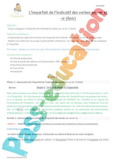 Imparfait de l’indicatif des verbes en –er et –ir – Cm2 – Fiche de ...