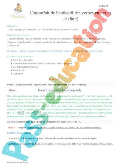 Imparfait de l’indicatif des verbes en –er et –ir – Cm2 – Fiche de ...