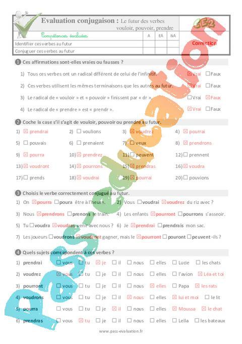 Le futur des verbes vouloir, pouvoir, prendre au Ce2 – Evaluation: QCM ...