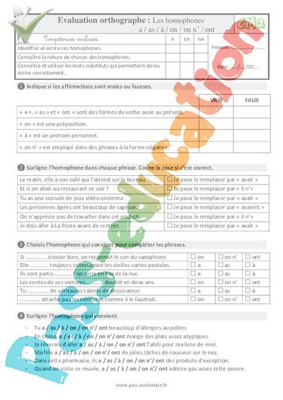Les homophones a / as / à / on / on n’ / ont au Cm2 – Evaluation: QCM – Quiz – Cycle 3 – PDF à ...