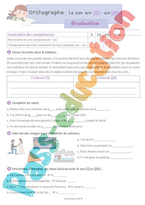 Son ain [ɛ̃] – ian [jɑ̃] – Évaluation d’orthographe pour le ce2 – PDF à ...