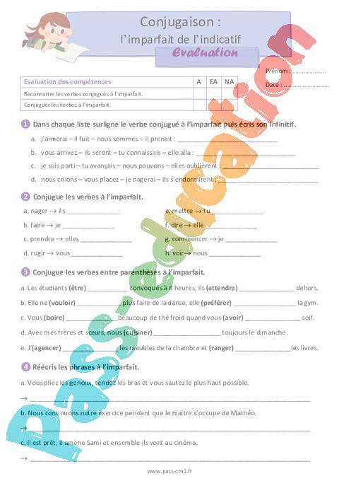 L’imparfait de l’indicatif – CM1 – Evaluation avec les corrections ...