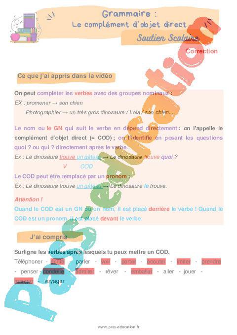 Le complément d’objet direct (COD) au Cm1 – Soutien scolaire pour les ...