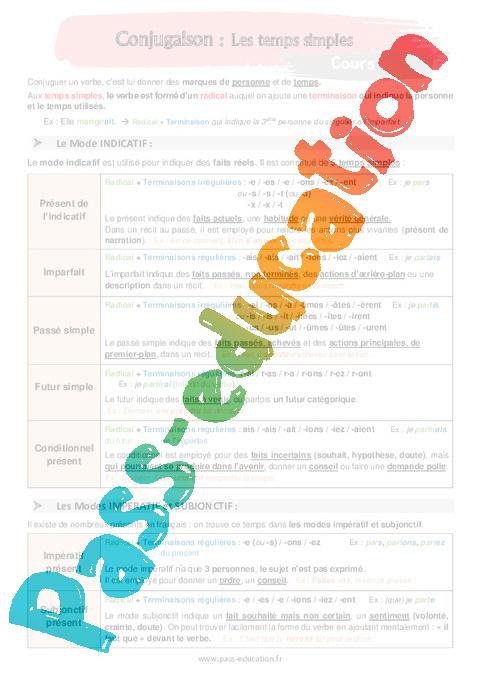 Les temps simples – 5ème – Cours – PDF à imprimer par Pass-education.fr ...
