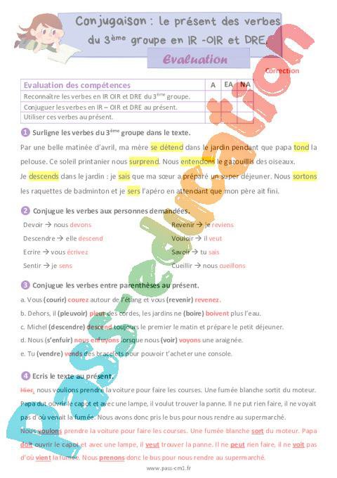 Le présent des verbes du 3ème groupe en -ir -oir et -dre – Évaluation ...