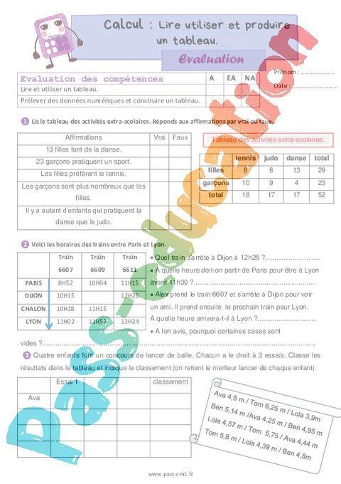 Lire utiliser et produire un tableau – Évaluation de calcul pour le cm1 ...