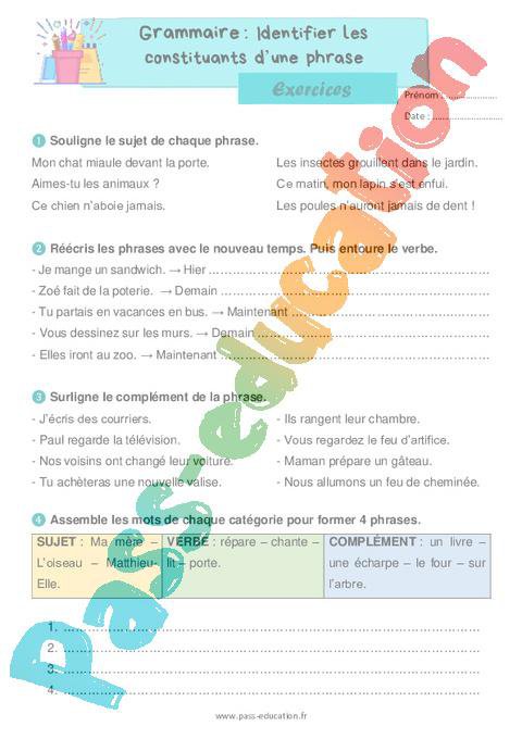 Identifier les constituants d’une phrase – Exercices de grammaire pour ...