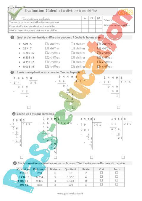 La division à un chiffre au CM2 – Evaluation: QCM – Quiz – PDF à ...