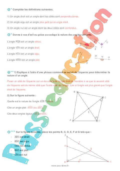 Les angles – Exercices de géométrie pour la 6ème – PDF à imprimer par Pass-education.fr ...