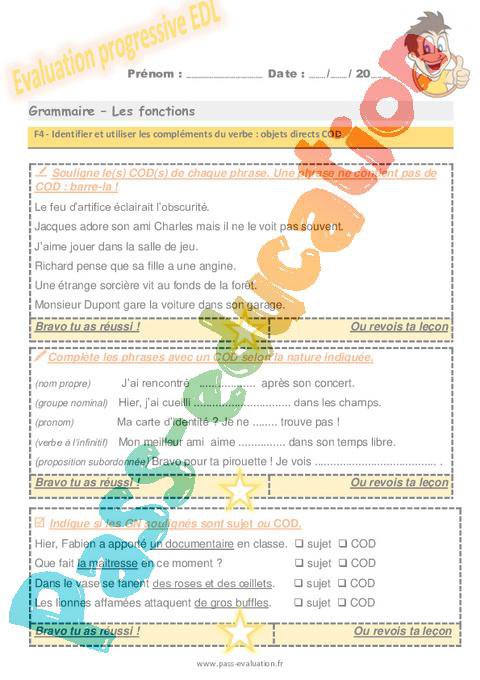 Les compléments du verbe : objets directs COD au CM2 – Evaluation ...
