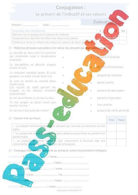 Le présent de l’indicatif et ses valeurs – 4ème – Evaluation avec les ...