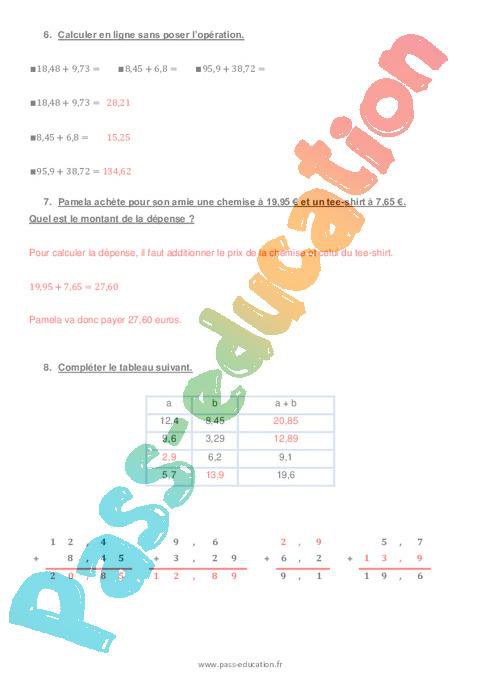 Addition des nombres décimaux – 6ème – Révisions – Exercices avec ...